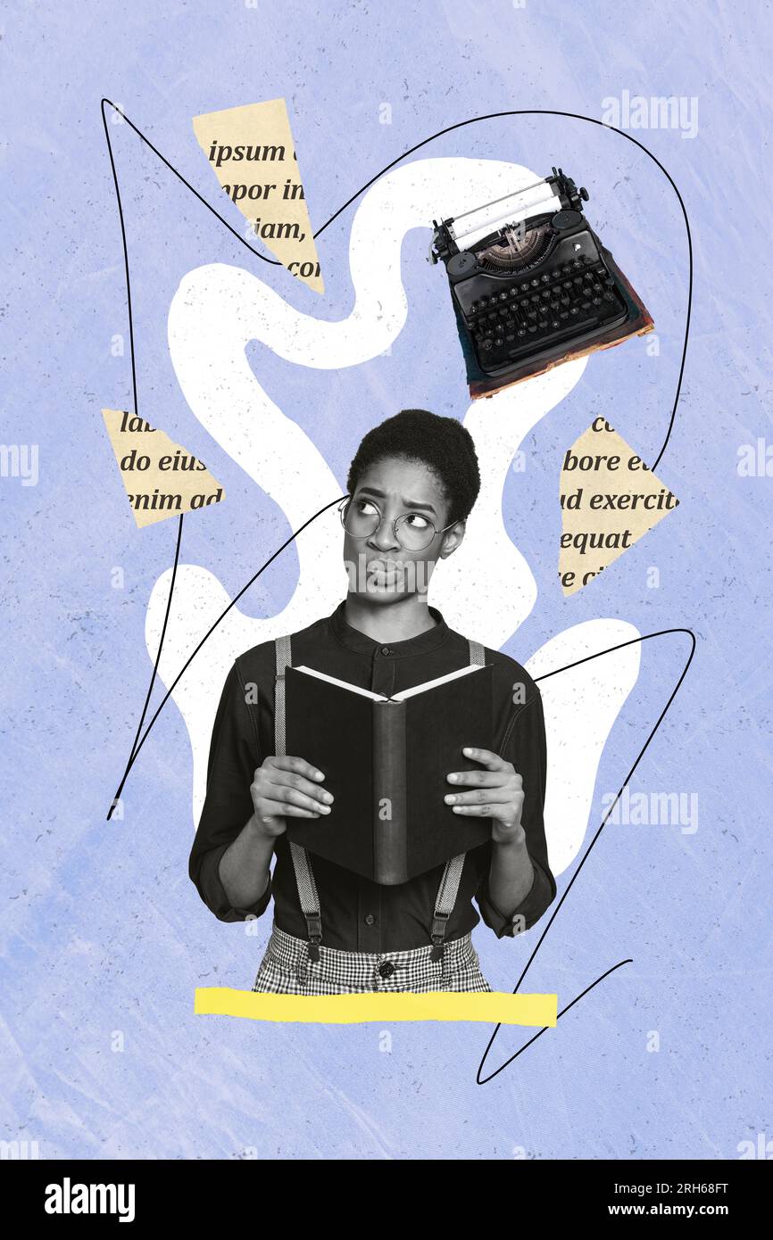 Artwork magazine collage picture of thoughtful lady guy writing new ...