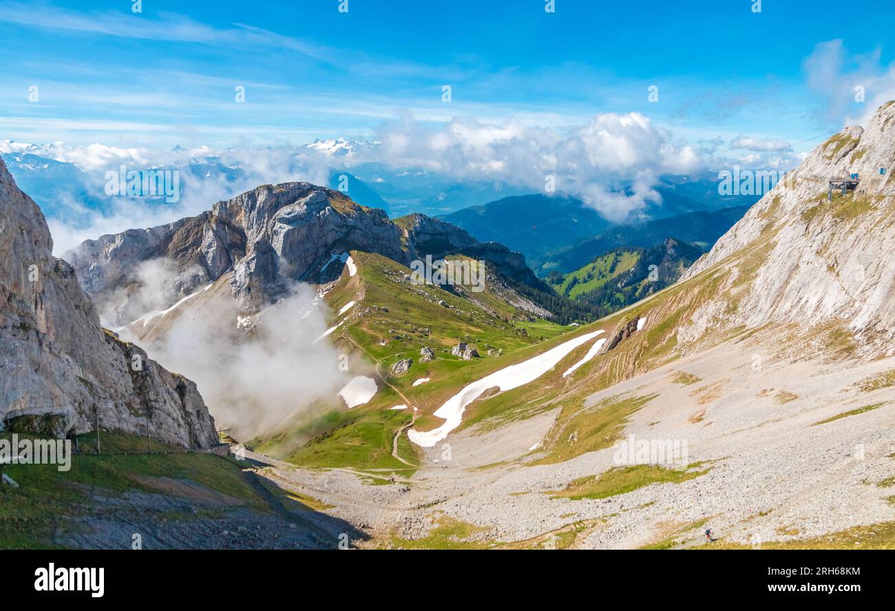 Panoramic view of the Matthorn summit, one of the multiple peaks of ...