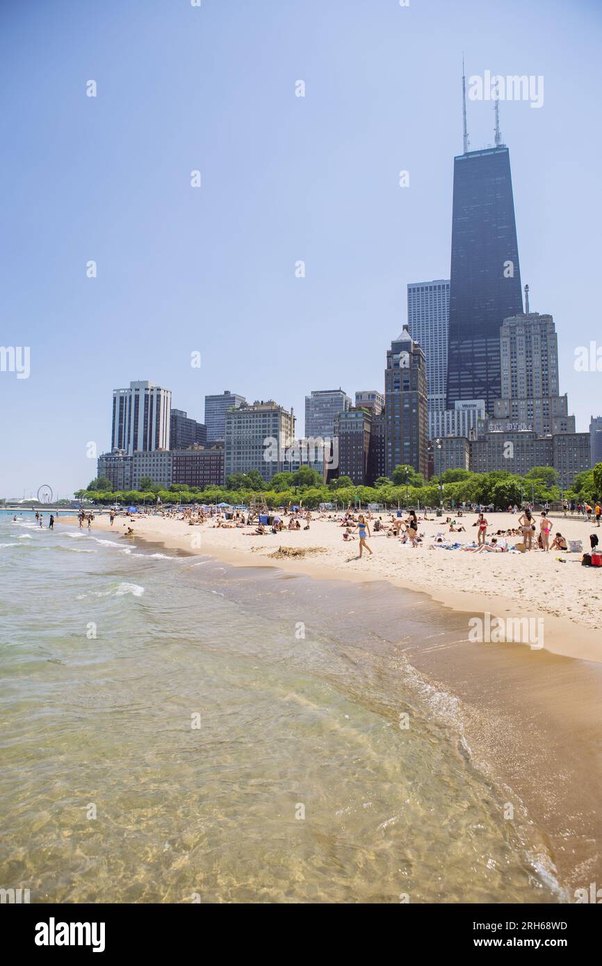 Oak Street Beach Sand beach on a summer weekend, Chicago, Illinois, USA ...