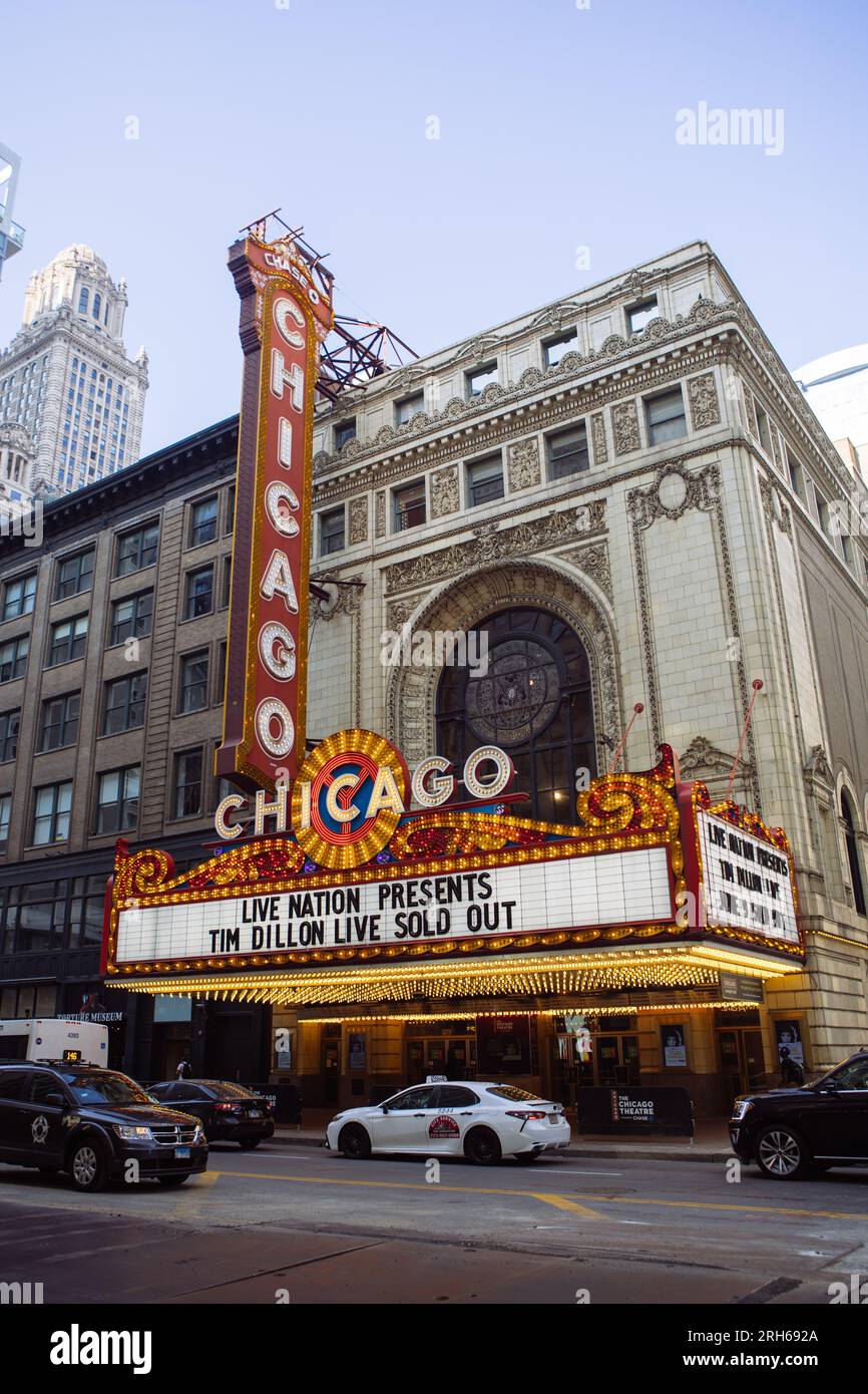 The Chicago Theatre facade viewed from the street corner, Chicago ...