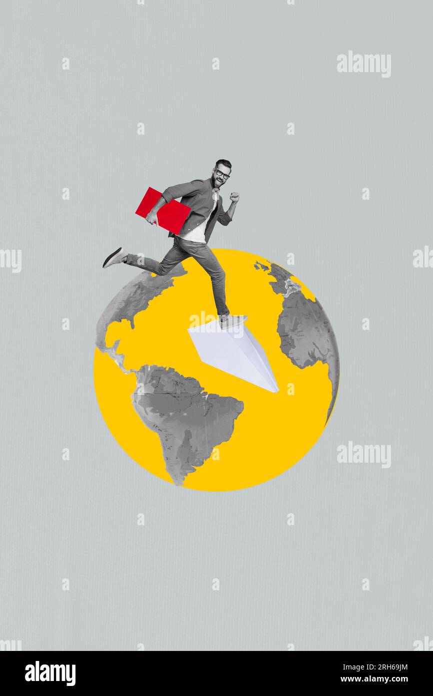 Collage illustration image of young man courier running earth ...