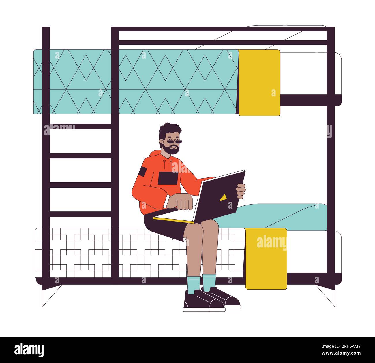 Black student sitting on bunkbed with laptop flat line color vector ...