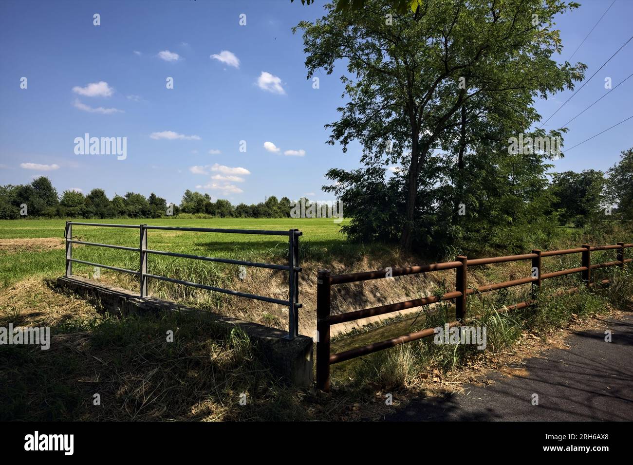 Paved path next to a creek and a field bordered by trees on a sunny day ...