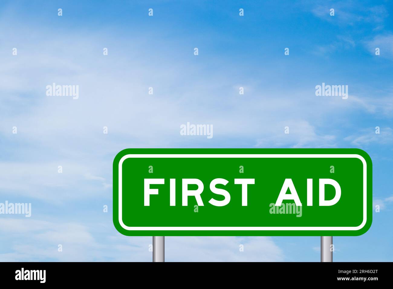 Green color transportation sign with word first aid on blue sky with ...