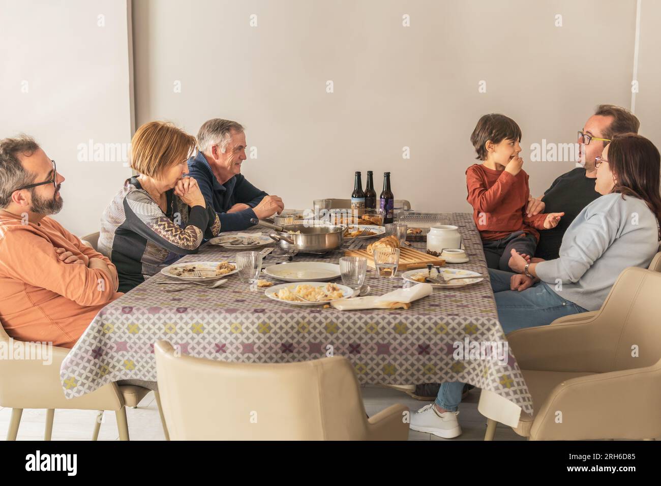 Grandmother, grandfather, father, mother, uncle and son having lunch ...