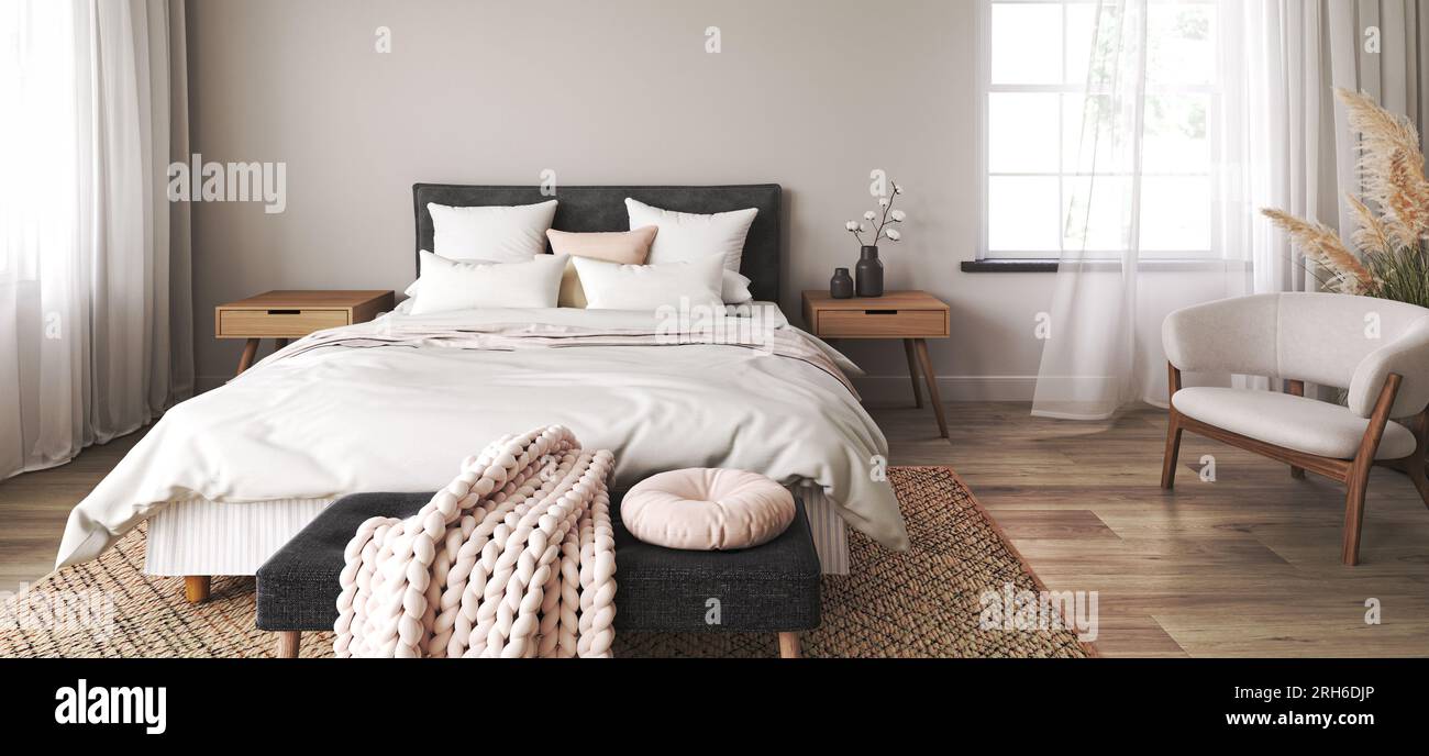Scandinavian hamptons white bedroom interior design. Wooden farmhouse ...