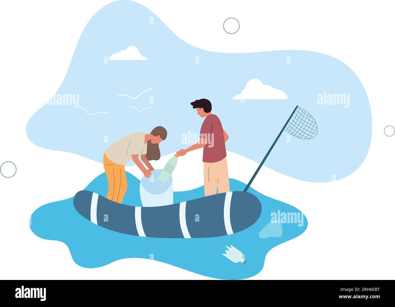 Volunteers cleaning sea, collect trash and plastic.flat vector ...