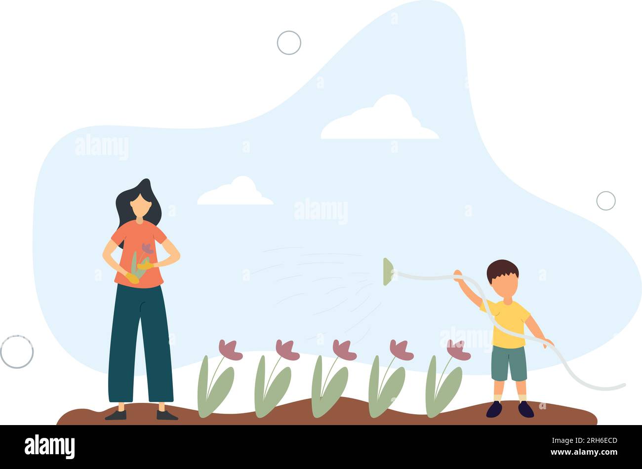 people grow flowers. the child waters the plants with a hose.flat ...