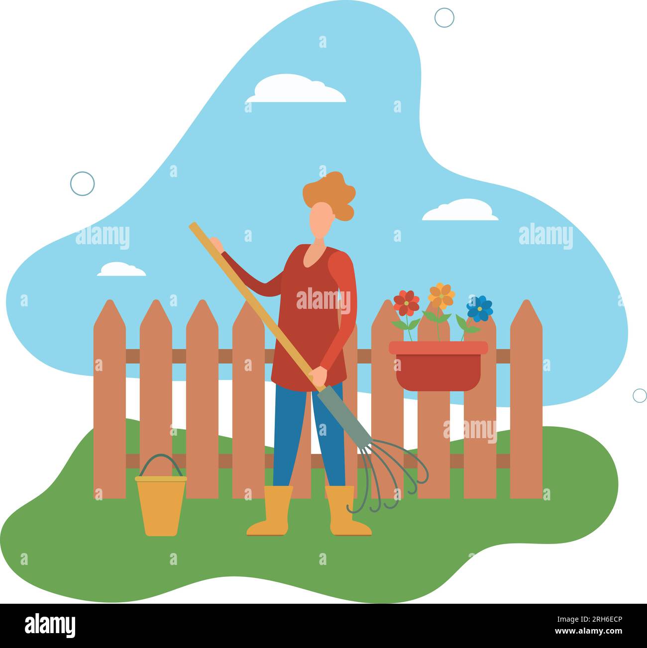 People gardening. Cartoon character working with farmer tools ...