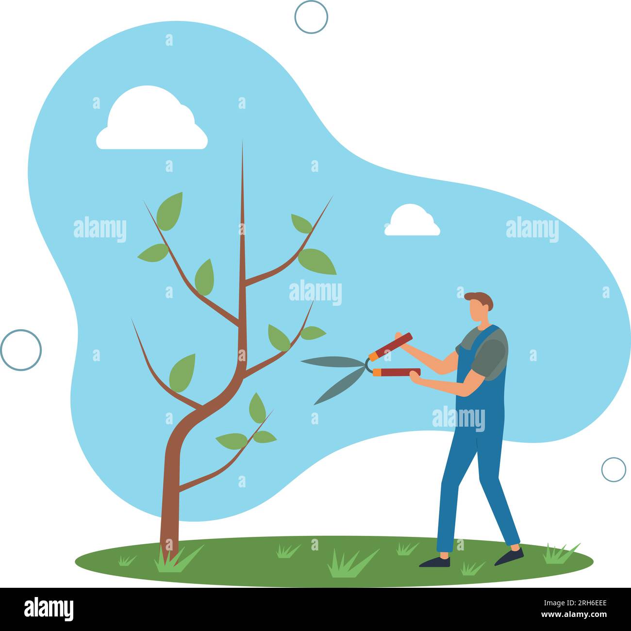 People Gardening Cartoon Character Working With Farmer Tools Gardener Cutting Bushesflat 