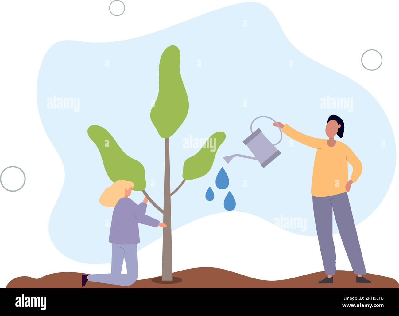 father with daughter watering young tree.horticulture concept.flat ...