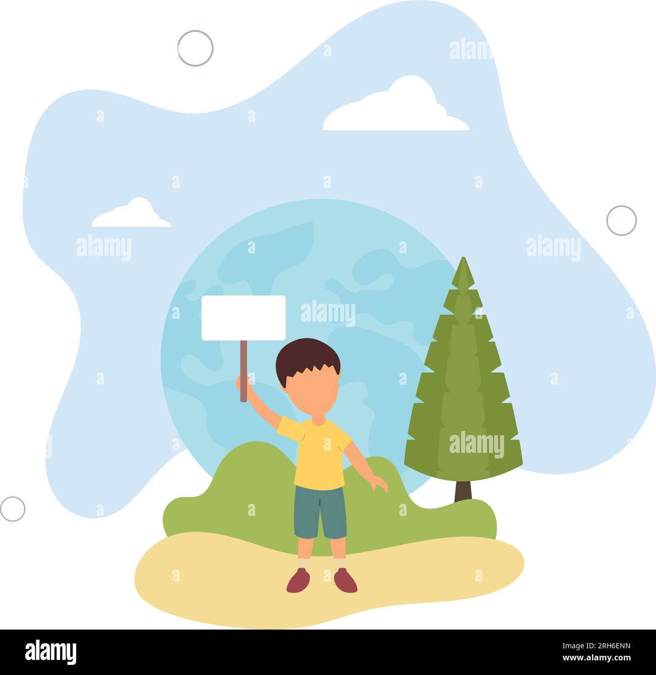 Kid with save planet banner.around pure nature.flat vector illustration ...