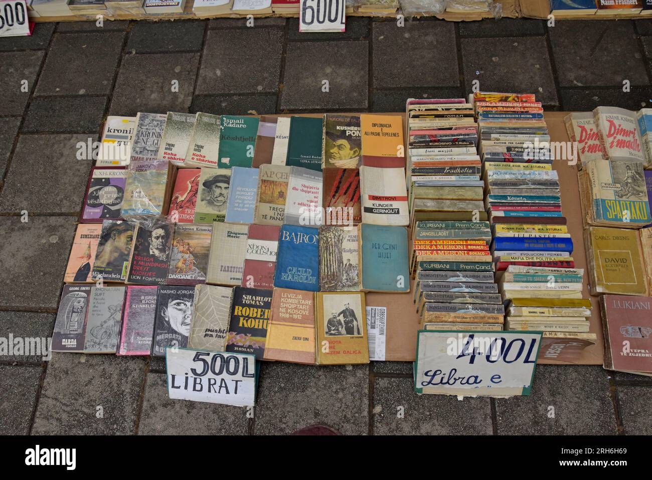 A pop up secondhand book stall on the pavement in the centre of Tirana ...