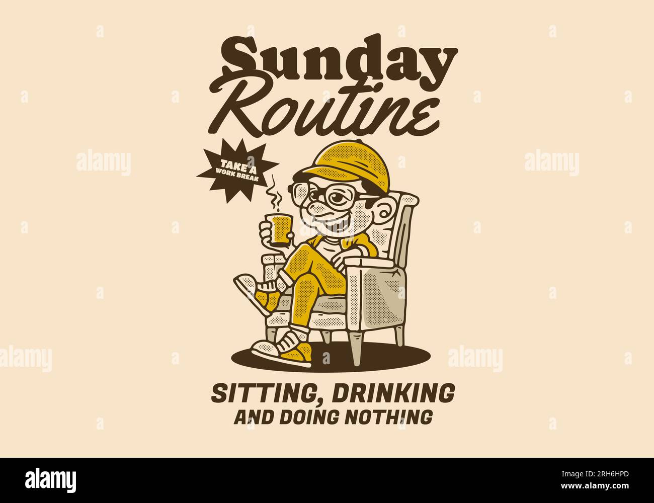 Sunday routine, sitting drinking and doing nothing, illustration of a ...