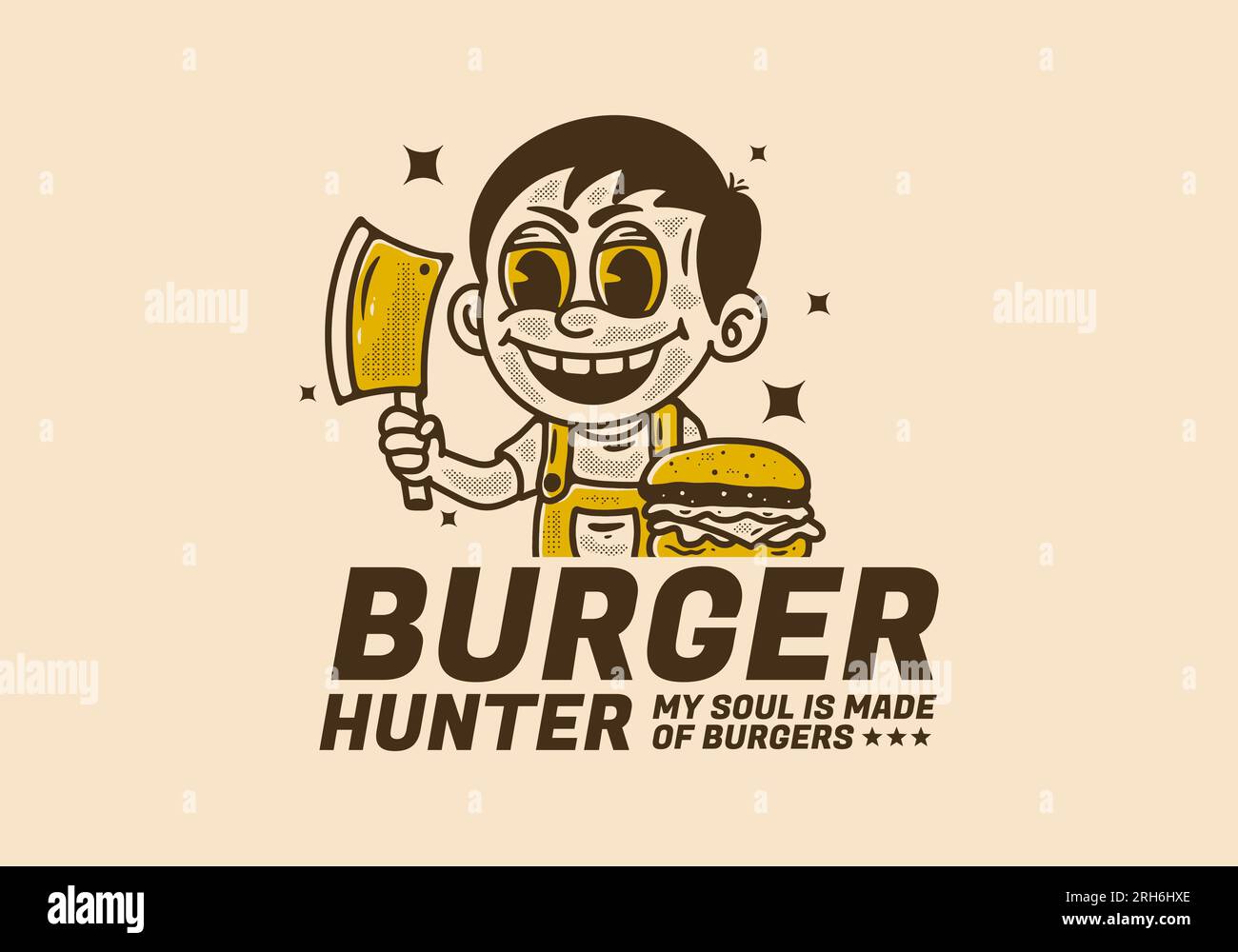 Burger hunter, illustration of a boy holding butcher knife with burger ...