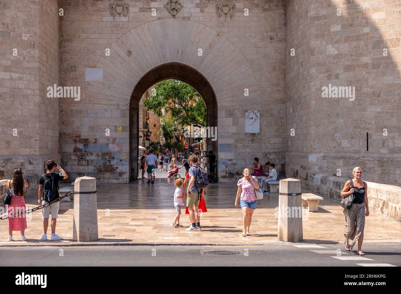 Valencia, Spain - July 25, 2023: The ancient city wall gate on the edge ...