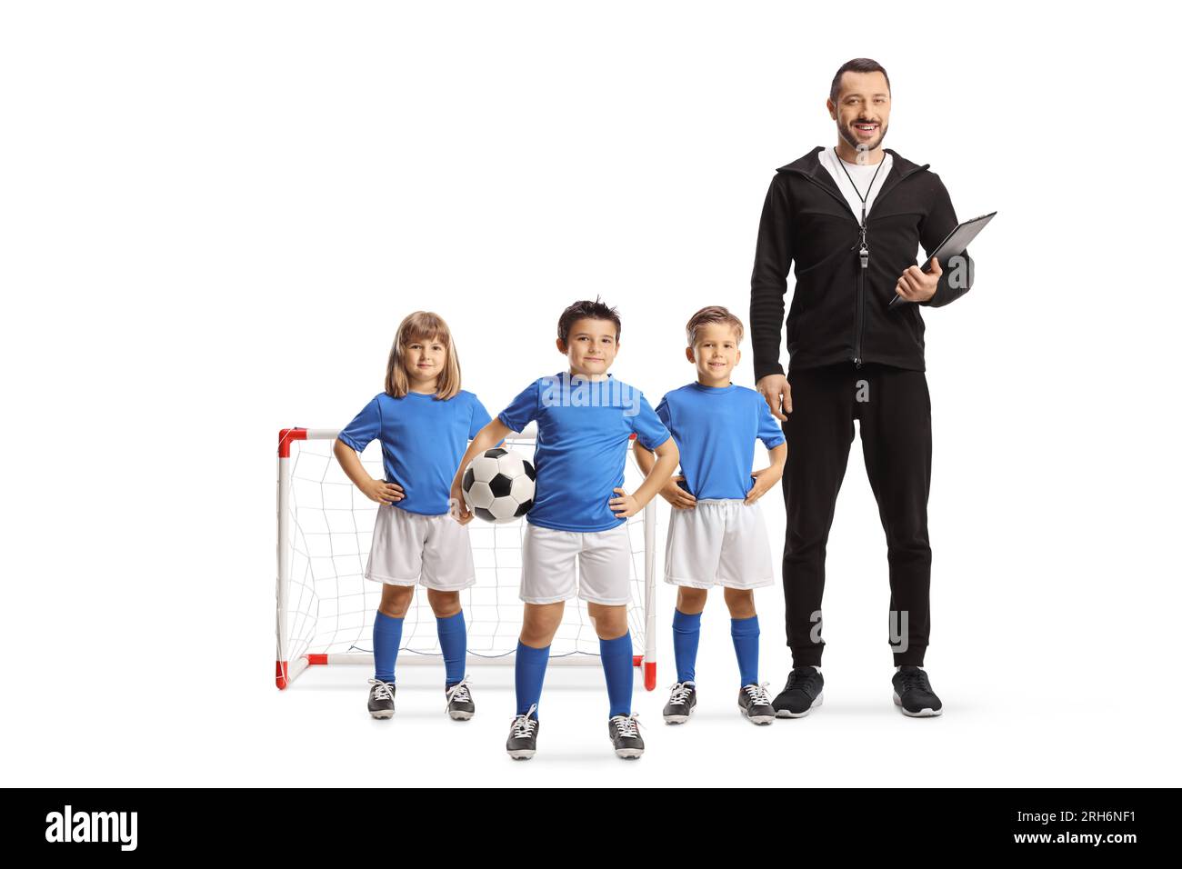 Group of children posing with a football coach isolated on white ...