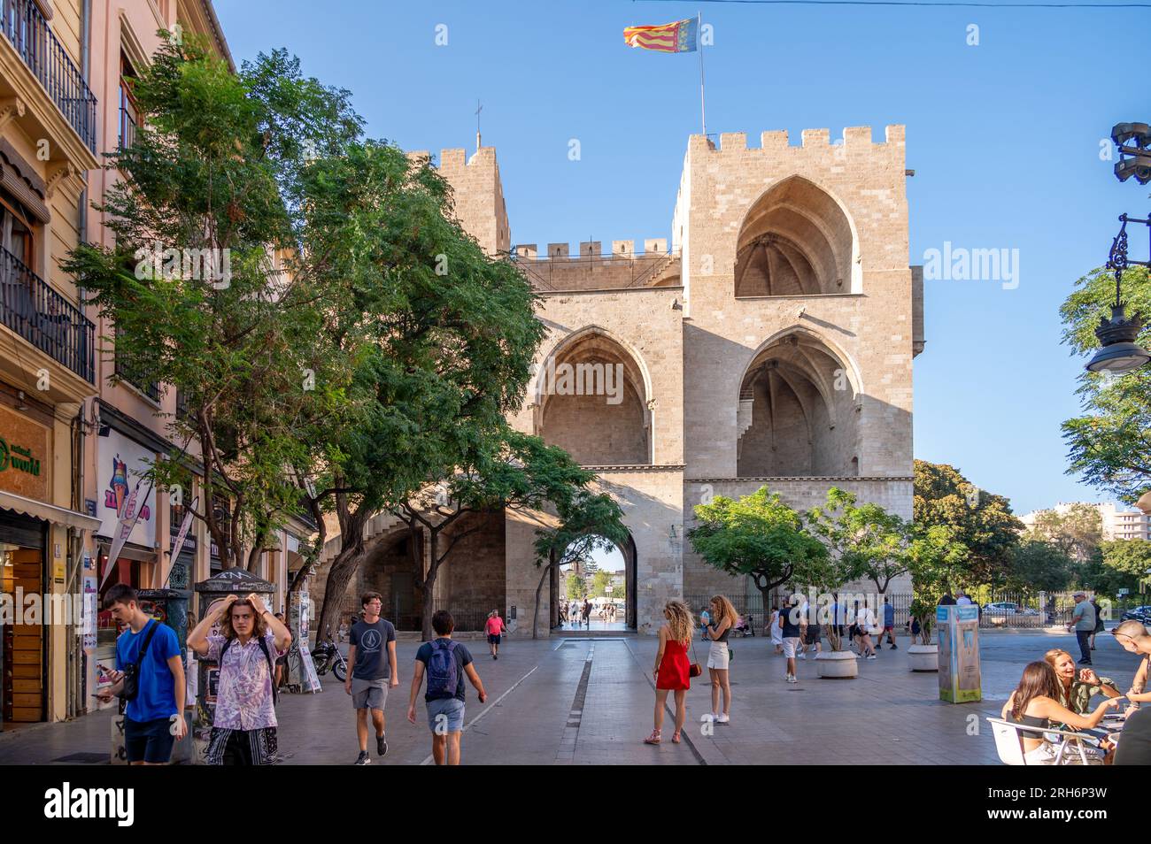Valencia, Spain - July 25, 2023: Façade of the monumental Serrano gate ...