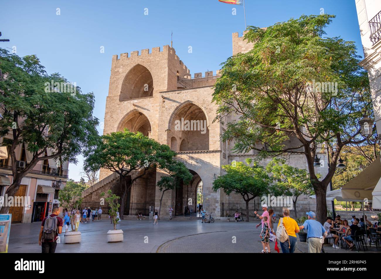 Valencia, Spain - July 25, 2023: Façade of the monumental Serrano gate ...