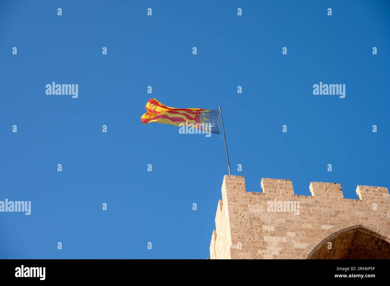 Valencia, Spain - July 25, 2023: Façade of the monumental Serrano gate ...