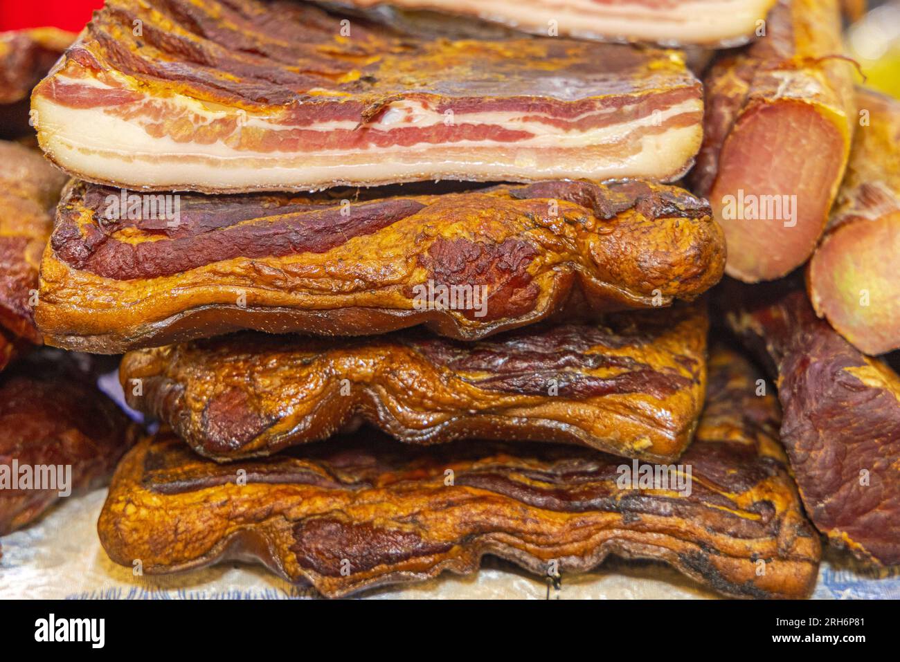 Stack of Smoked Bacon Slabs and Cured Sausages Meat Food Stock Photo ...