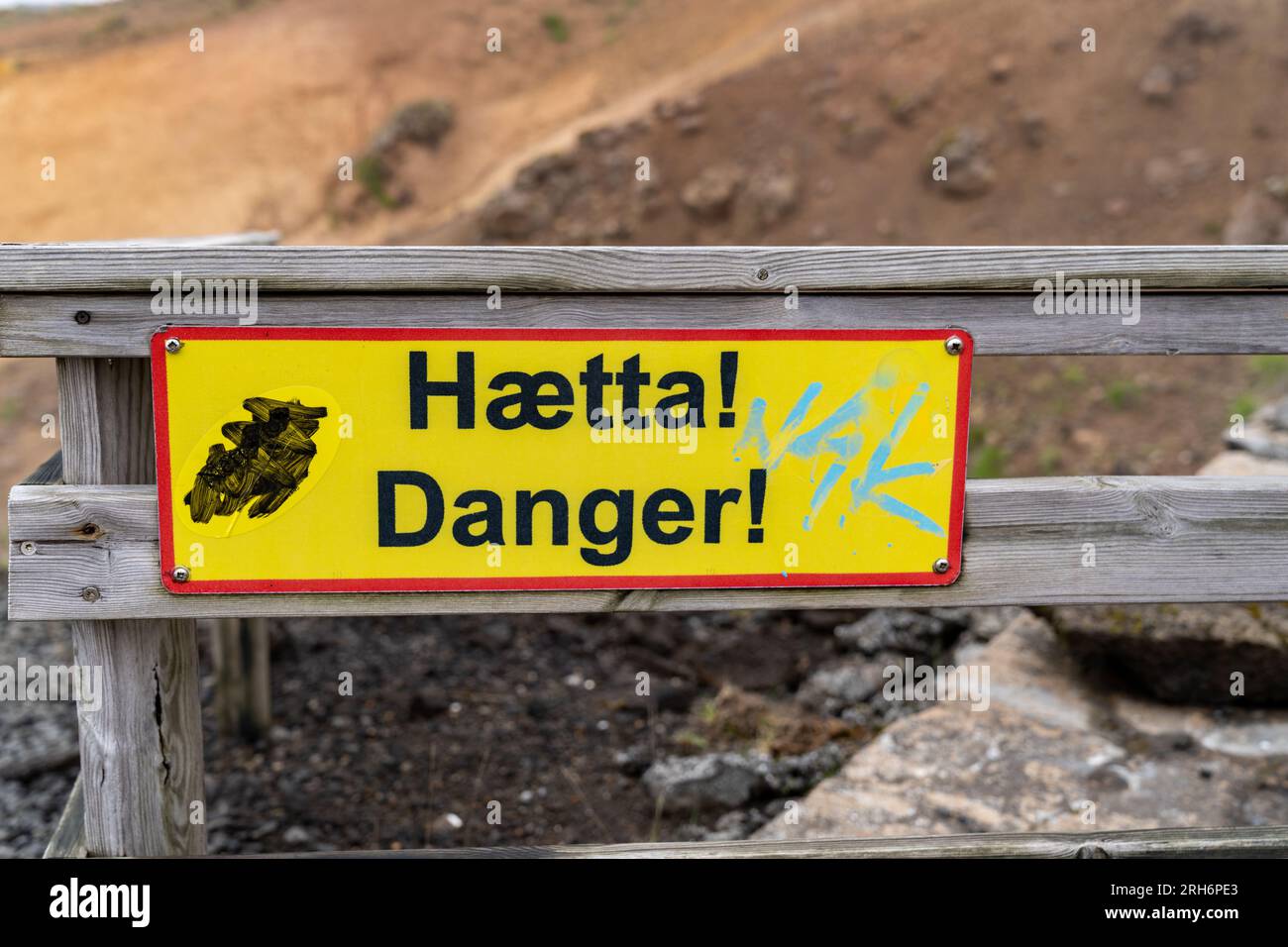 Icelandic sign reading Danger in English at the Seltun Geothermal Area ...