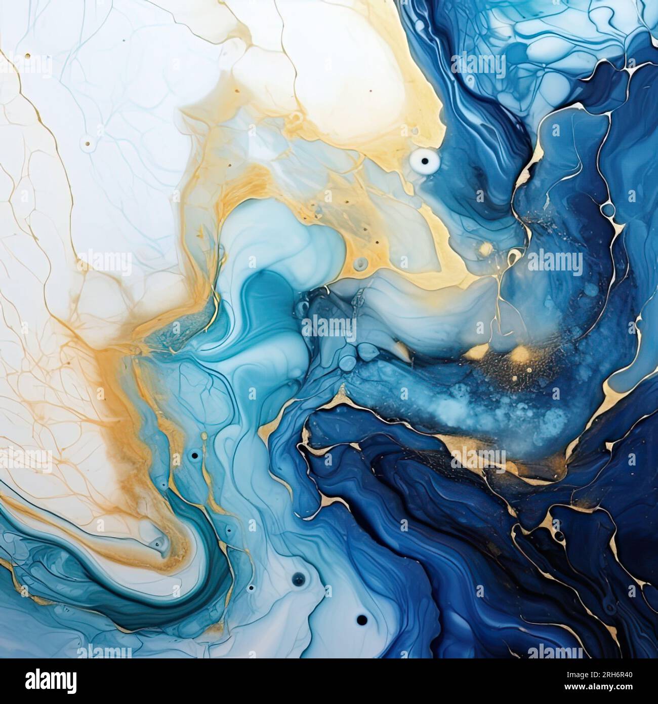 Abstract background ink fluid marble effect blue color with gold ...