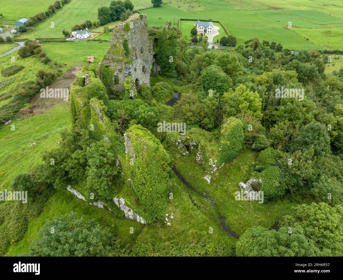 Aerial view of Carrigogunnell Castle superbly situated on a volcanic ...