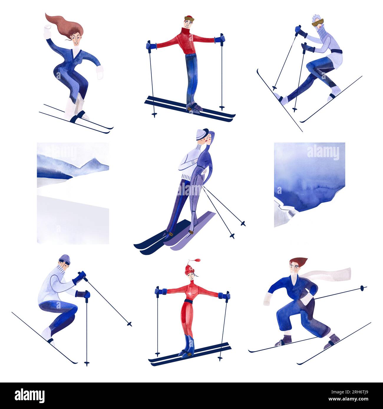 A set of skiers in different poses in blue and red suits, hats and ...