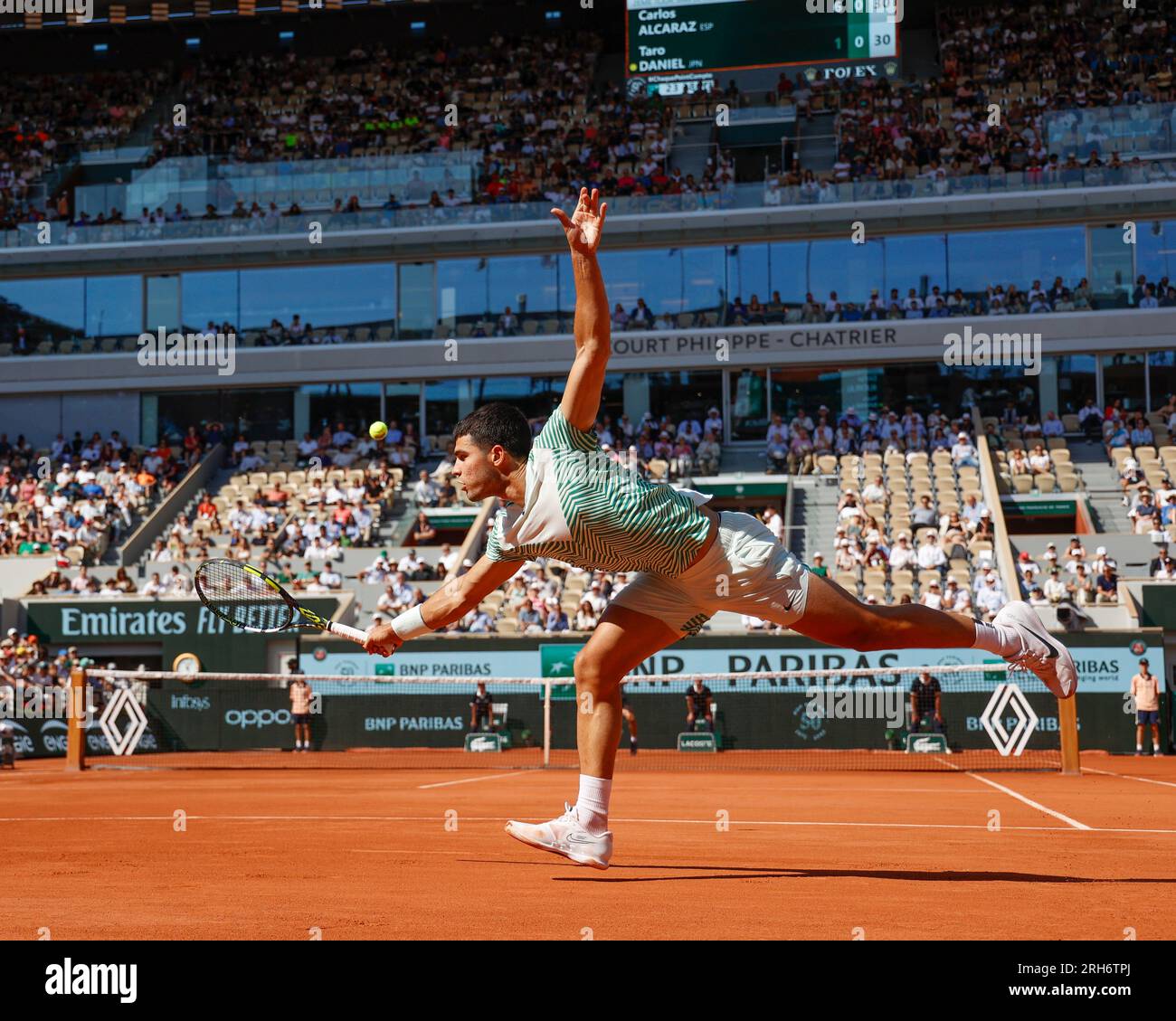 Spanish tennis player Carlos Alcaraz in action at the French Open 2023 ...