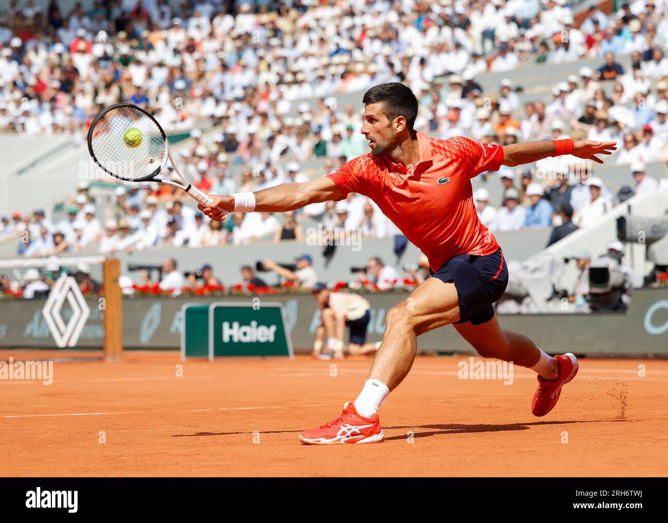 Serbian tennis player Novak Djokovic in action at the French Open 2023 tennis tournament at ...