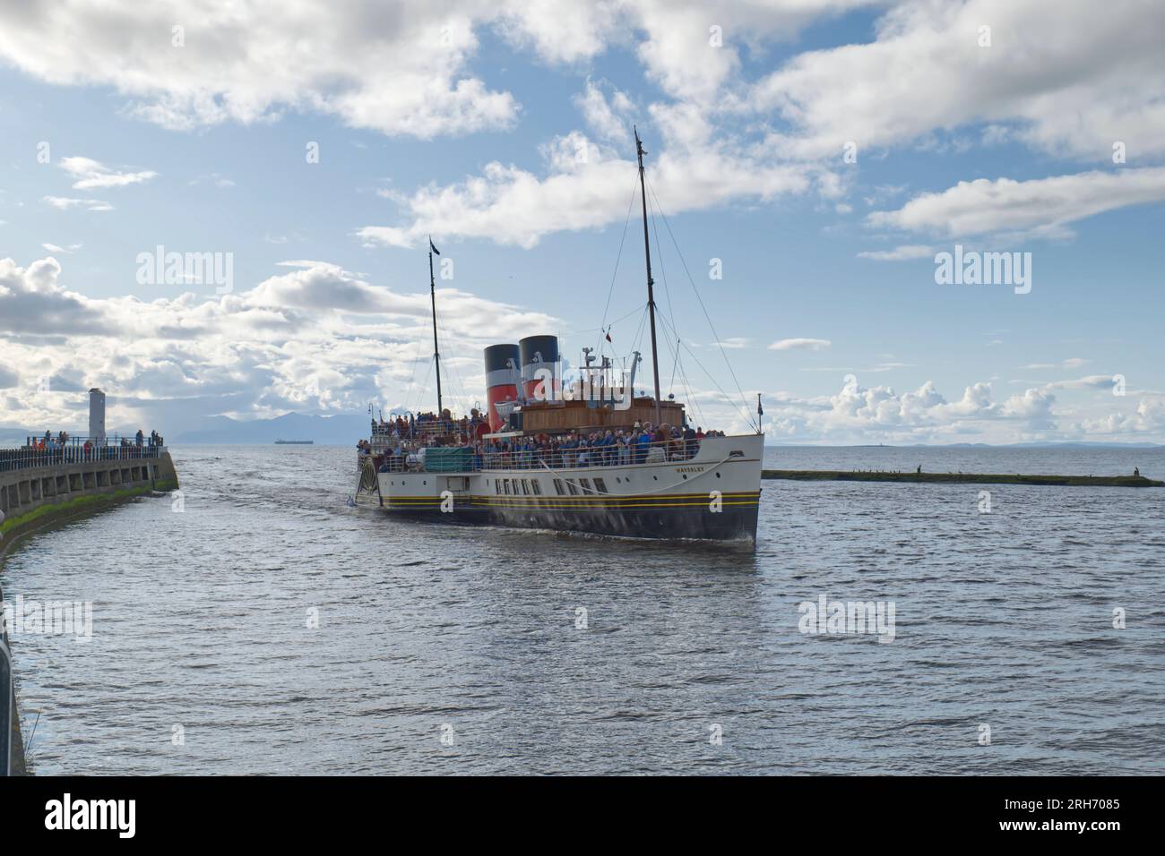 crowded Paddle Steamer Waverley entering Ayr Harbour, Clyde Estuary ...