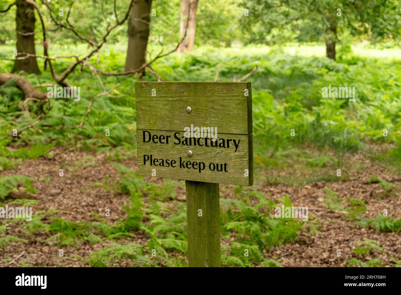 Keep out deer sanctuary sign post Stock Photo - Alamy