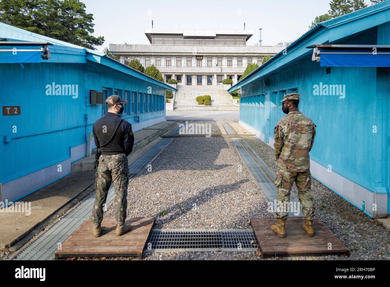 Military demarcation line in the demilitarized zone separating South and North Korea in ...