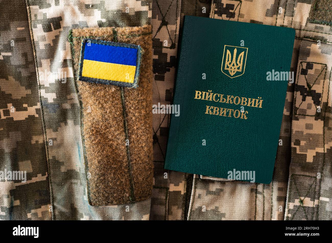 Ukrainian military id identity card doc with flag banner. Pixel ...