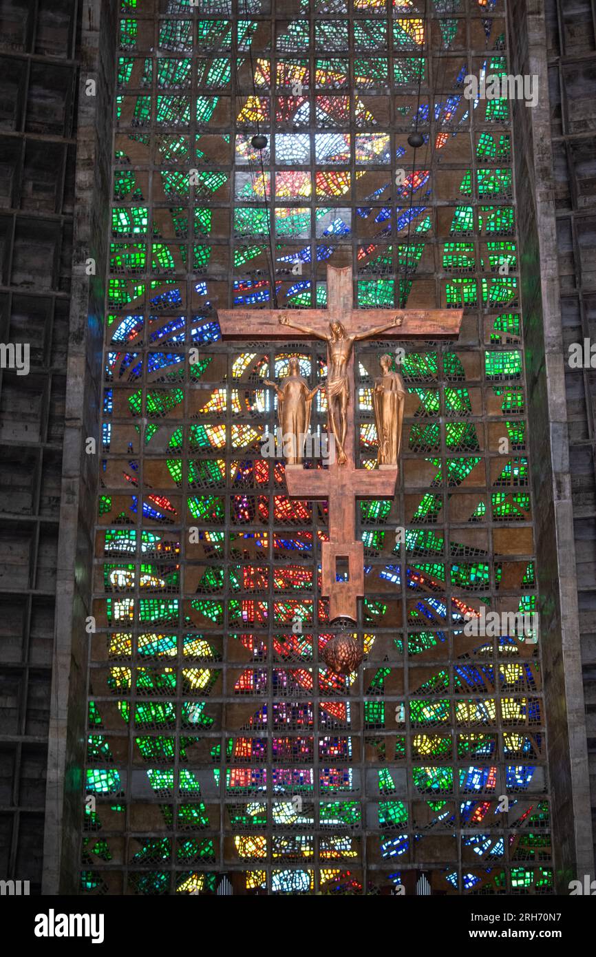 Rio de Janeiro, Brazil: the wooden crucifix, decorated stained glass ...