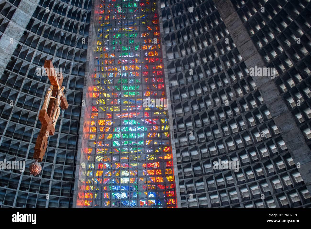 Rio de Janeiro, Brazil: the wooden crucifix, decorated stained glass ...