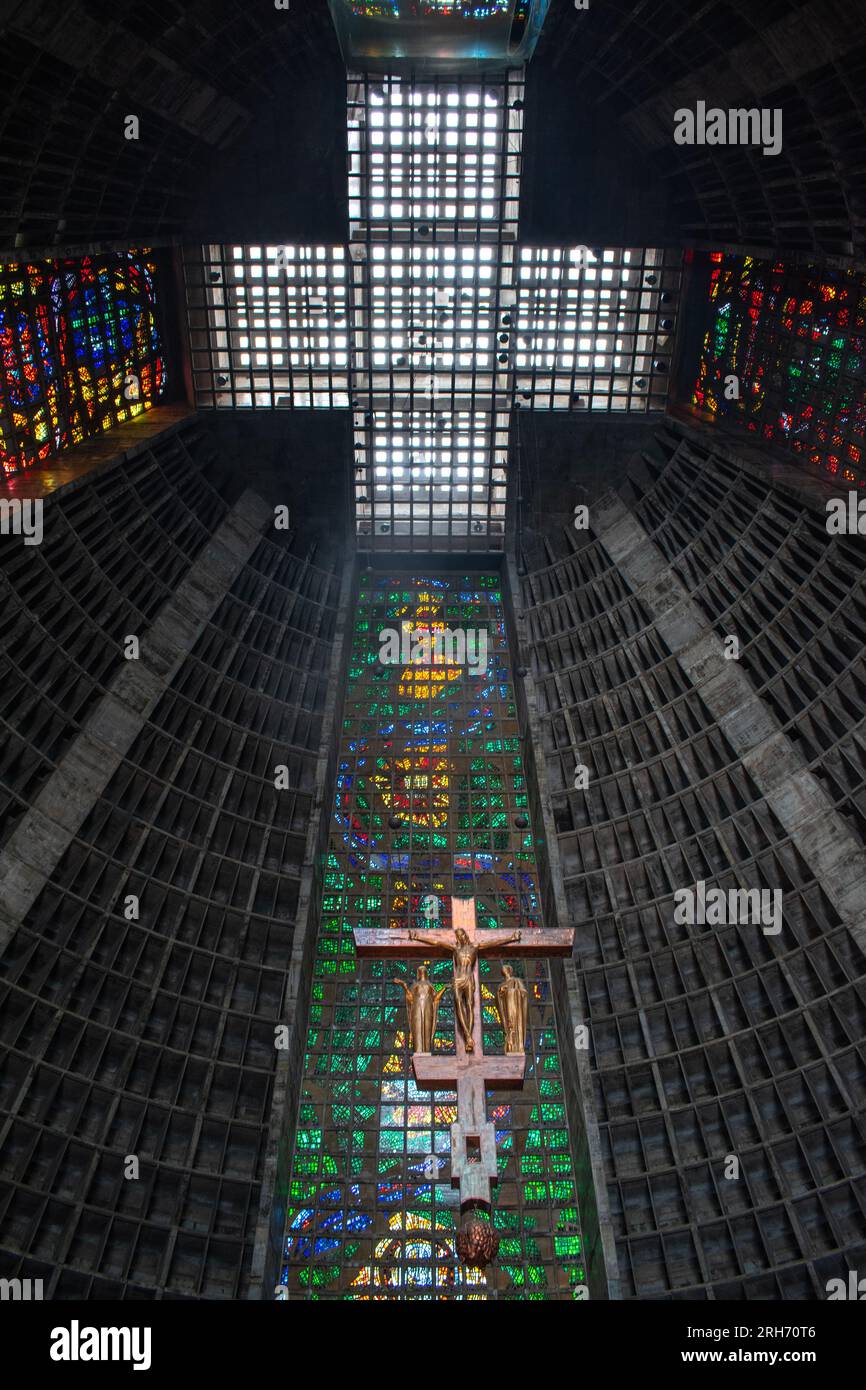 Rio de Janeiro, Brazil: the wooden crucifix, decorated stained glass ...