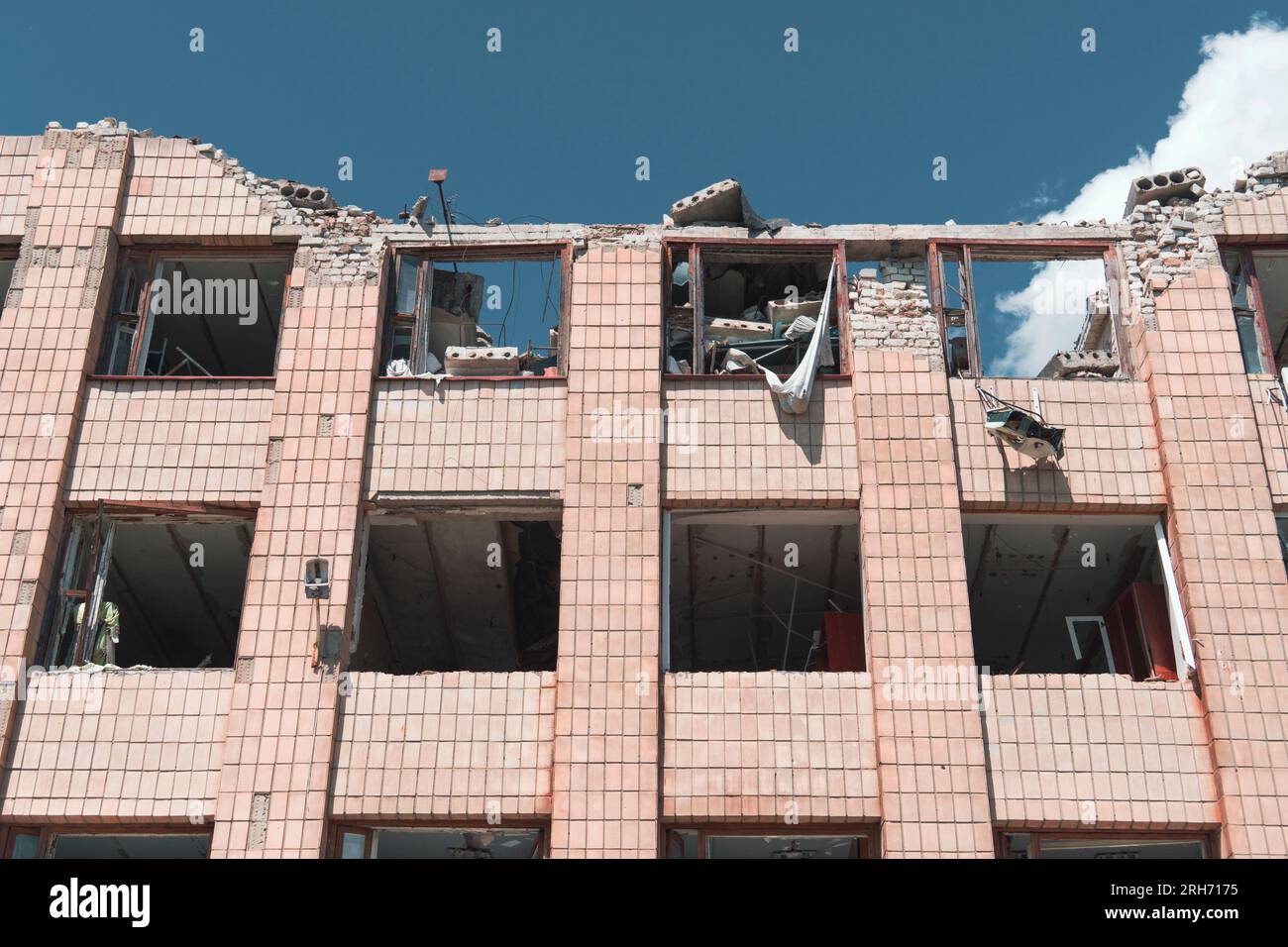 Administrative building damaged by shelling. War in Ukraine. Russian ...