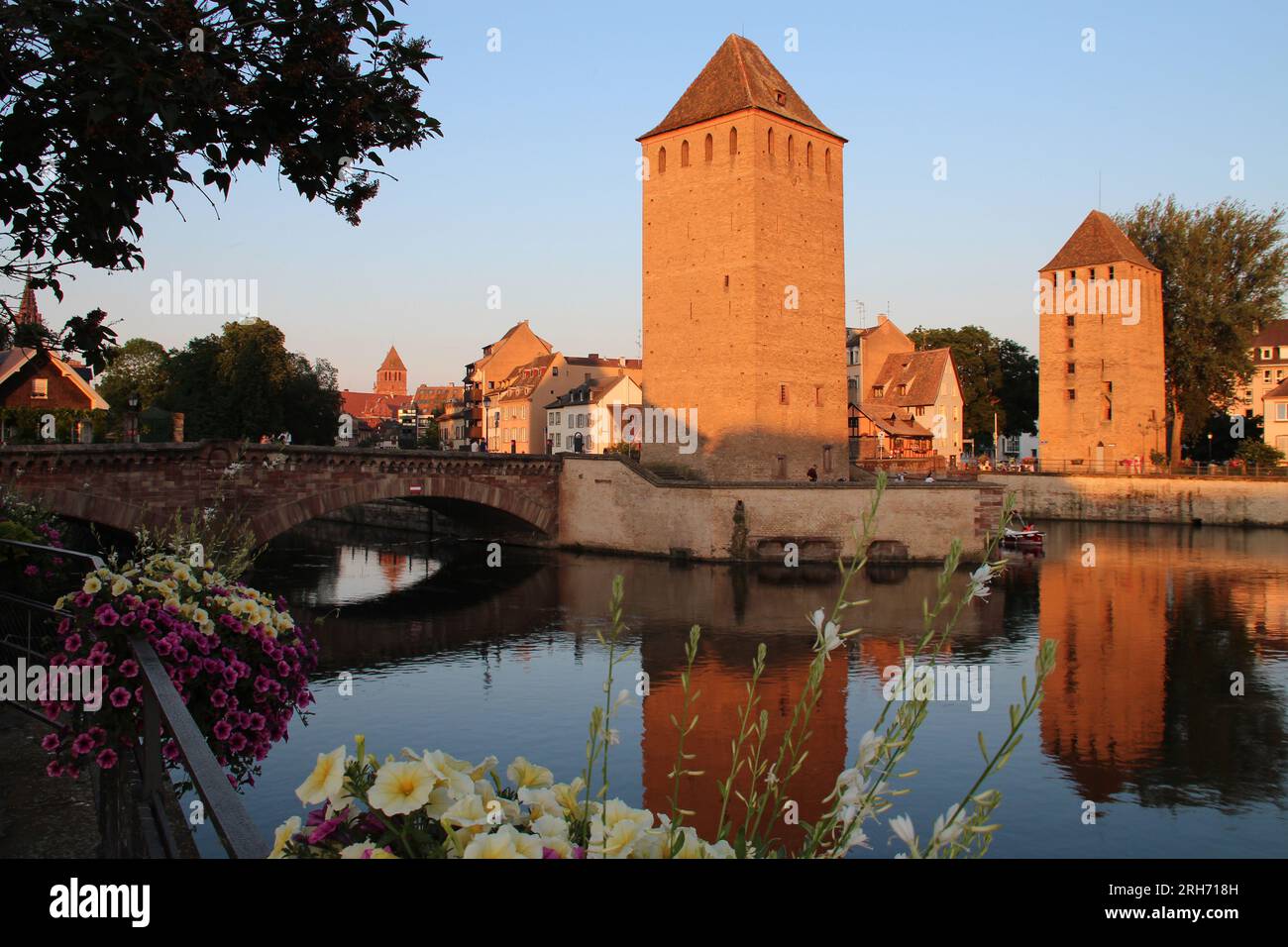 medieval towers, bridge (ponts couverts) and river ill in strasbourg in ...