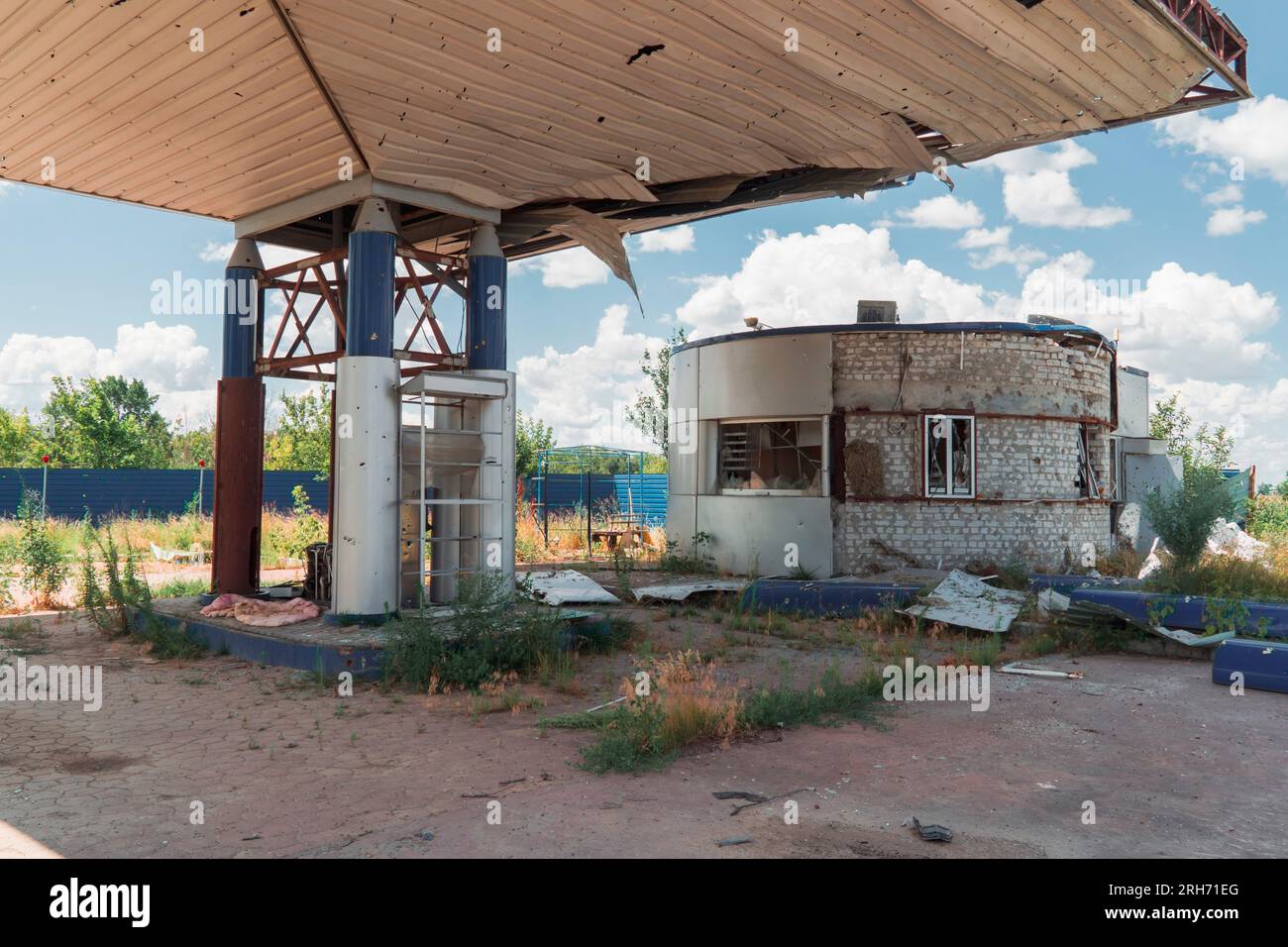 Gas station damaged by shelling. War in Ukraine. Russian invasion of ...
