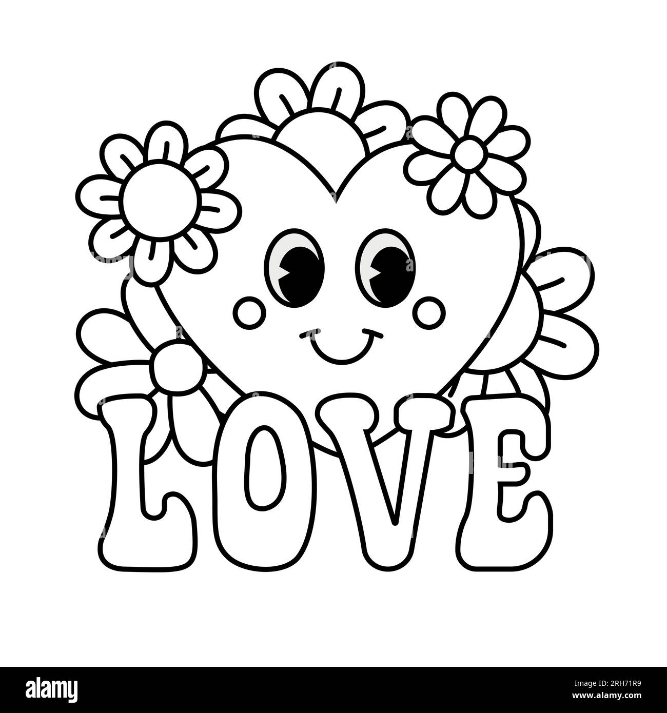 Vector retro groovy print with love lettering heart and flowers ...