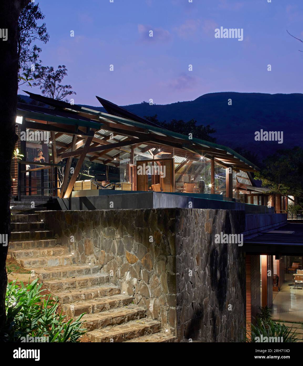 Exterior view of new wing at dusk. Retreat in the Western Ghats ...