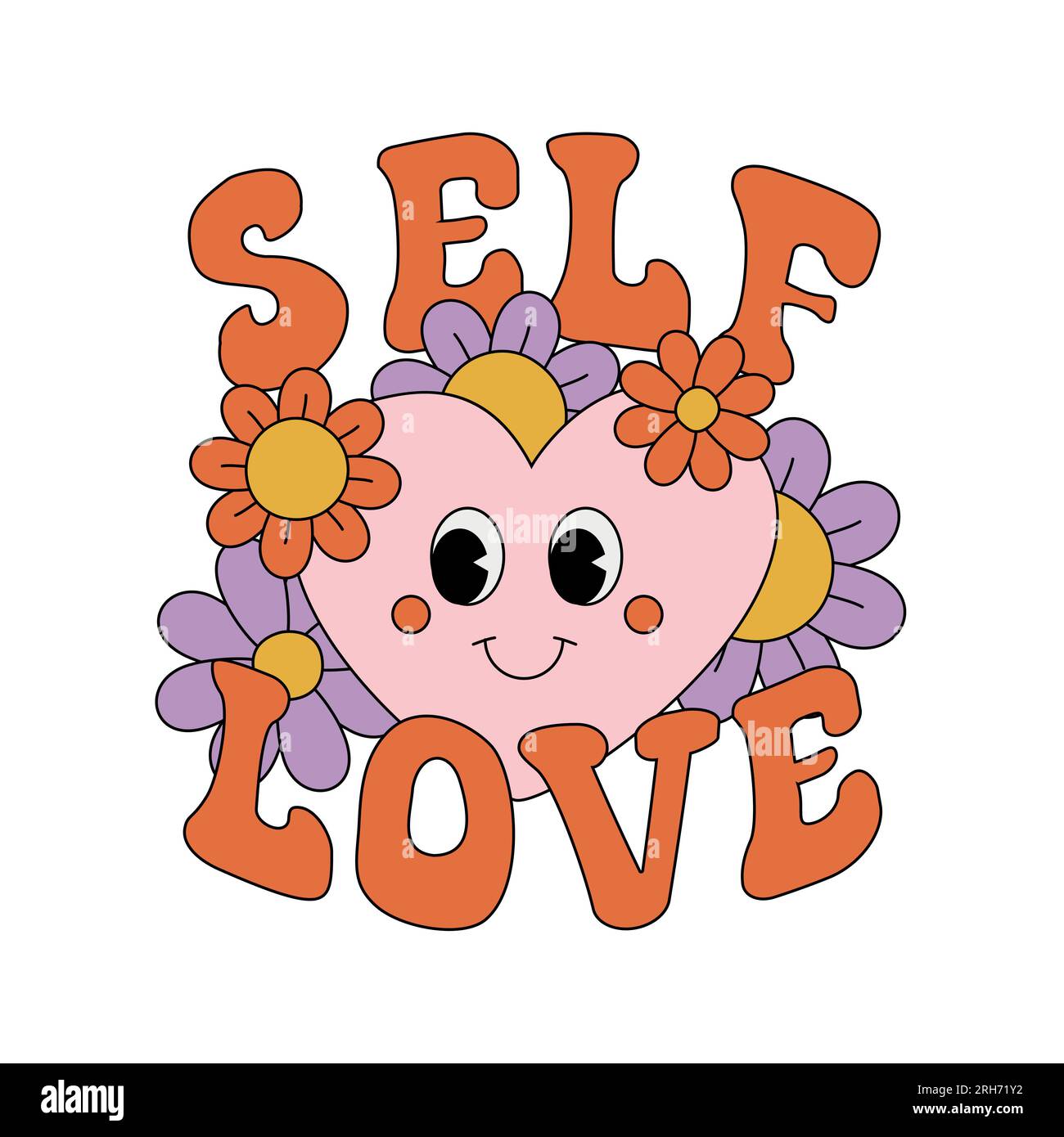 Vector retro groovy heart with self love lettering isolated on white ...