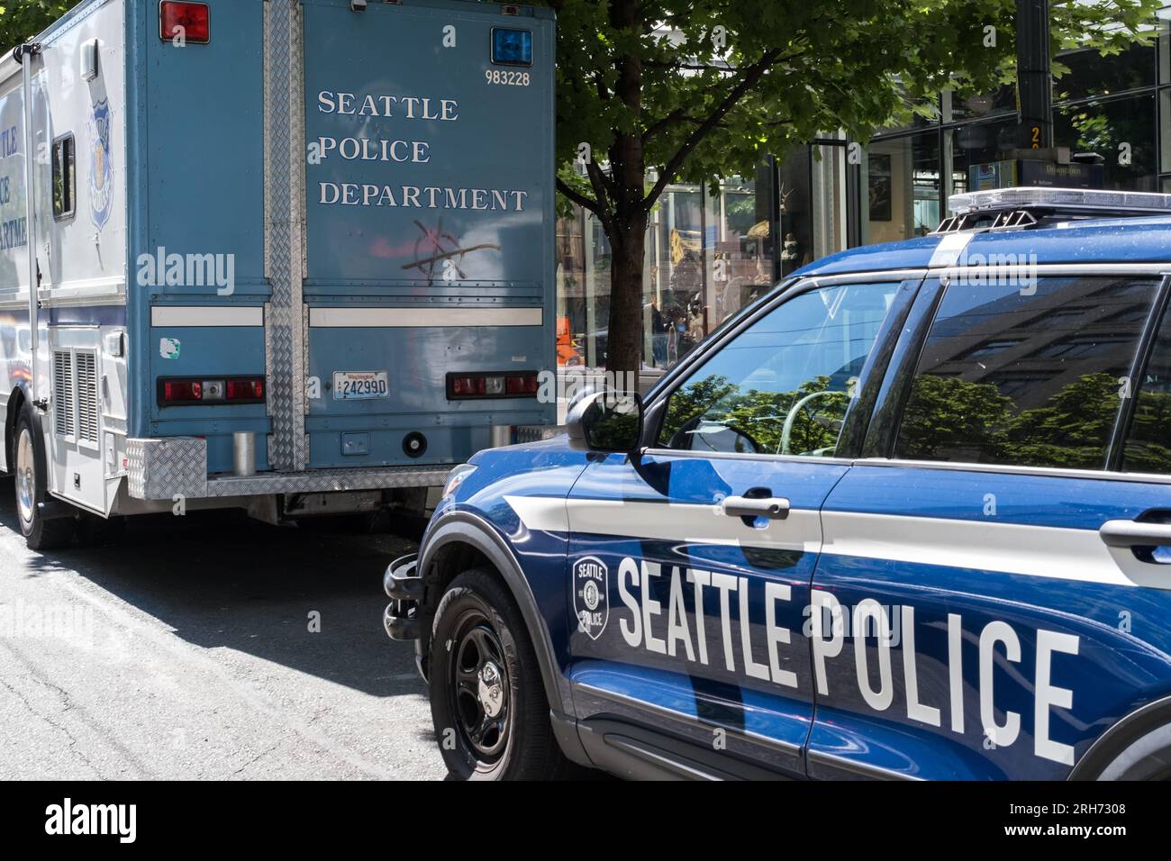 Seattle, USA. 18th July, 2023. Anarchy tag on the SPD police mobile ...