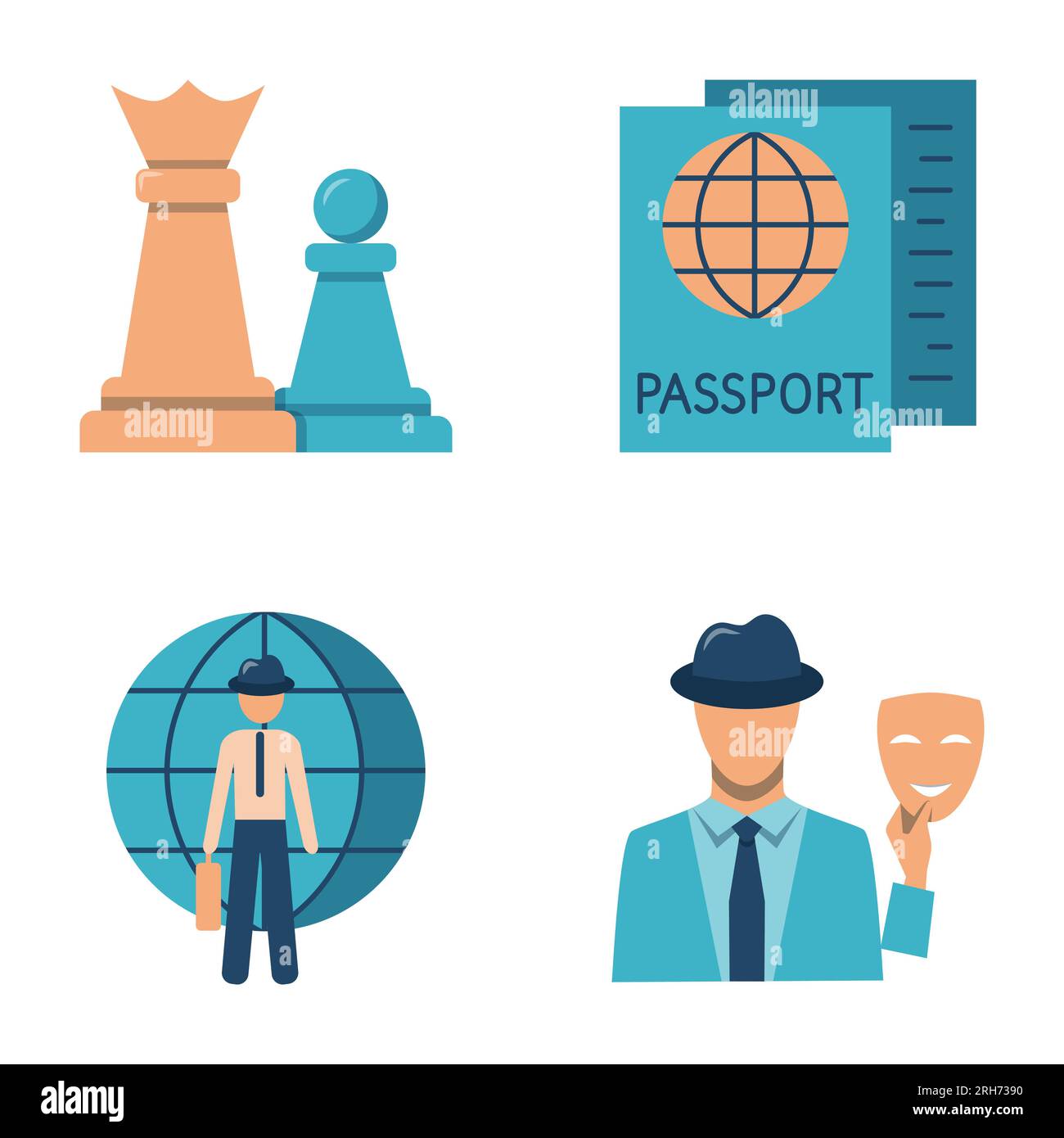 Diplomacy and spy agent icon set in flat style. Vector illustration ...