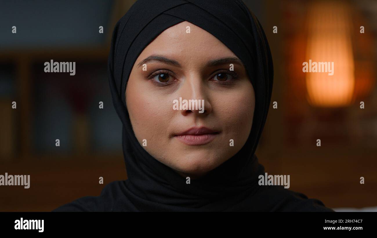 Head shot Arabian Muslim woman islamic young girl in black hijab middle ...