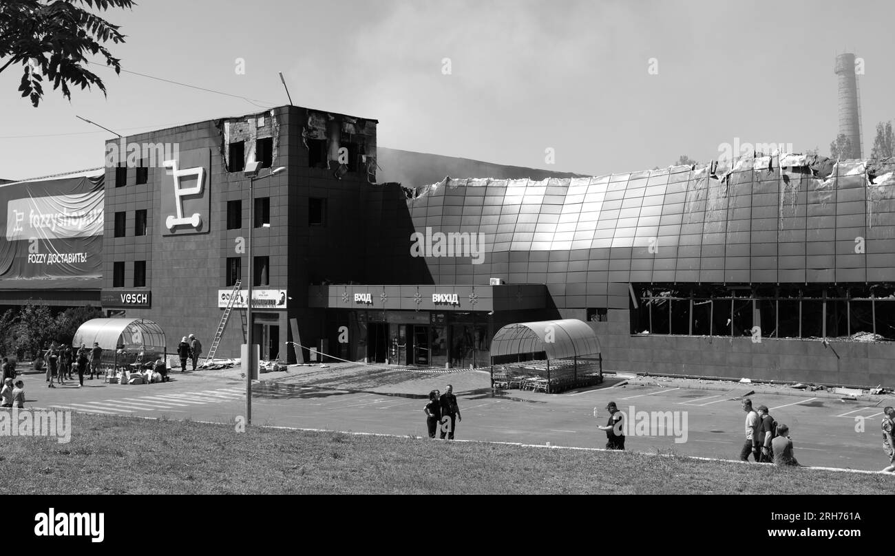 ODESSA UKRAINE -AUGUST 14 2023: Ruin of shopping center FOZZI destroyed ...