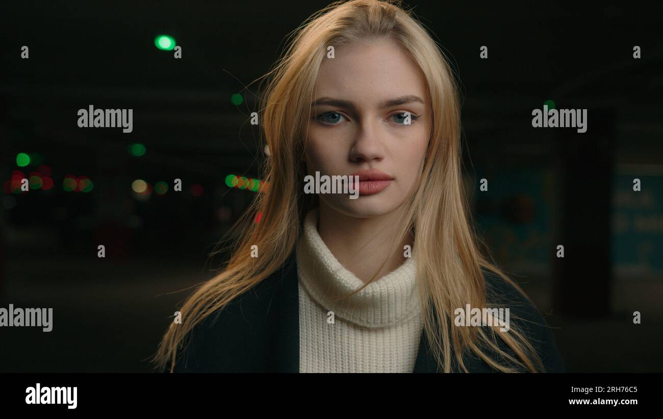 Portrait serious Caucasian 30s woman businesswoman driver car owner ...