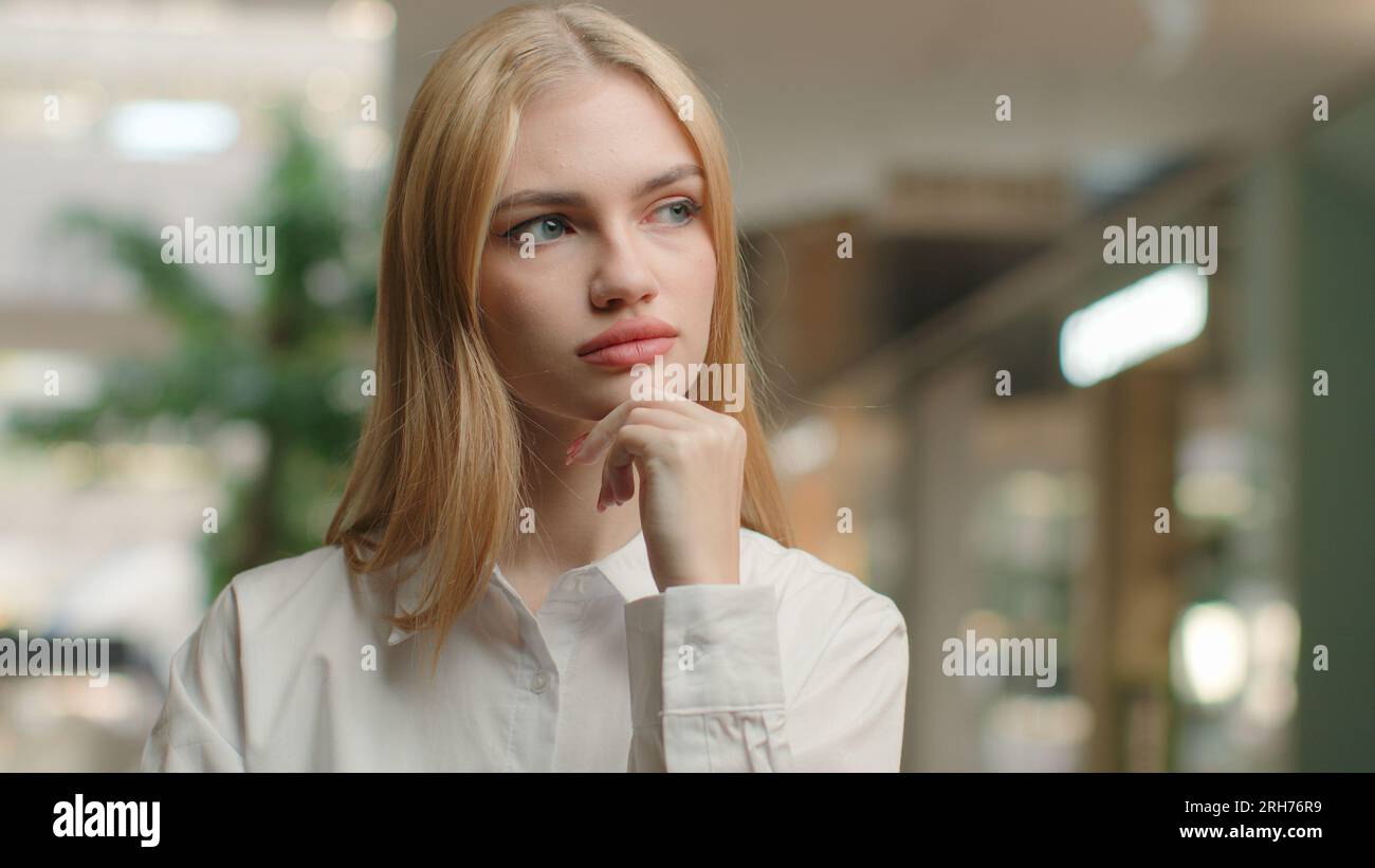 Pensive Caucasian girl 20s businesswoman thoughtful woman female ...